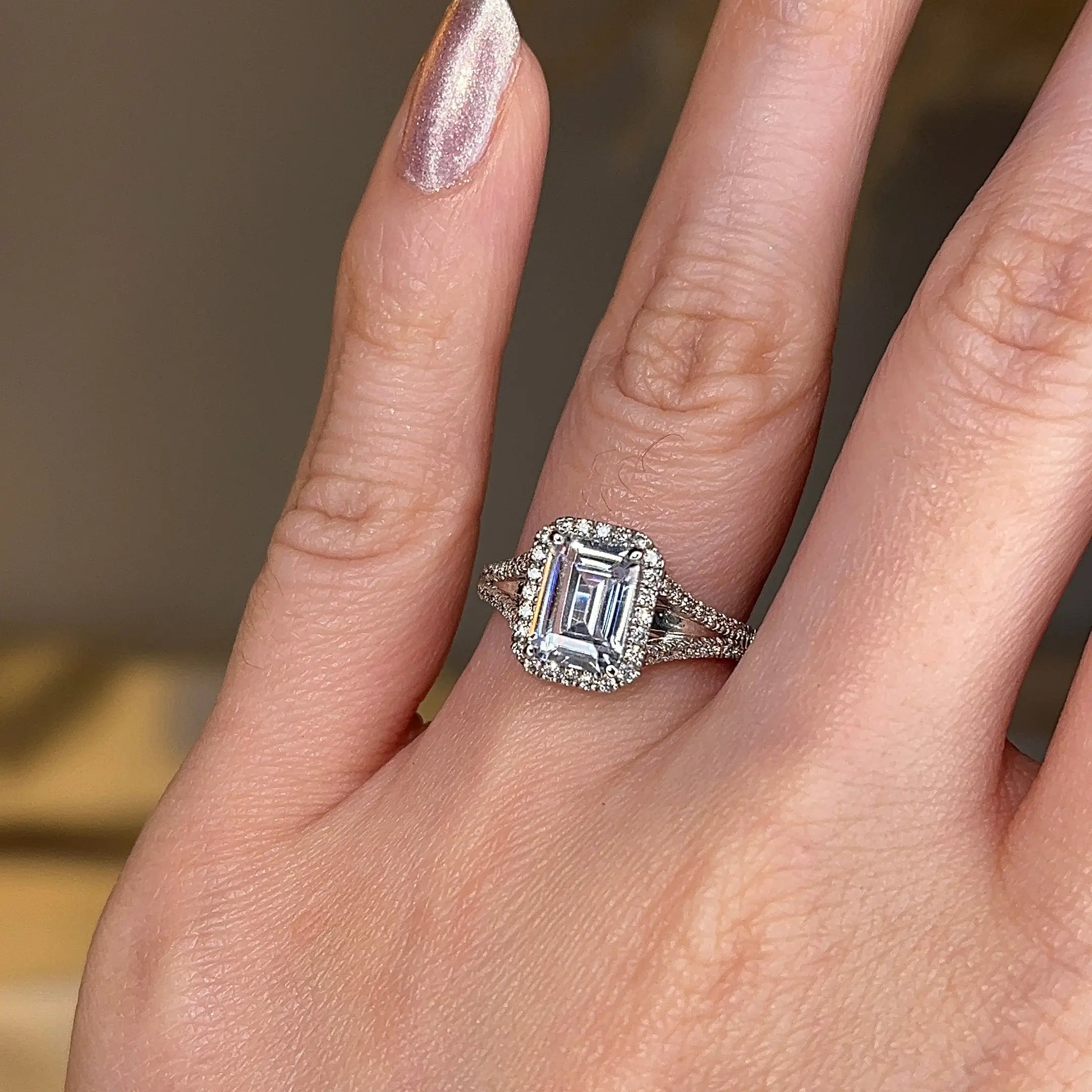 "Elora" 1 Carat Octagon Halo Emerald Cut Diamond Split Diamond Shoulde ...