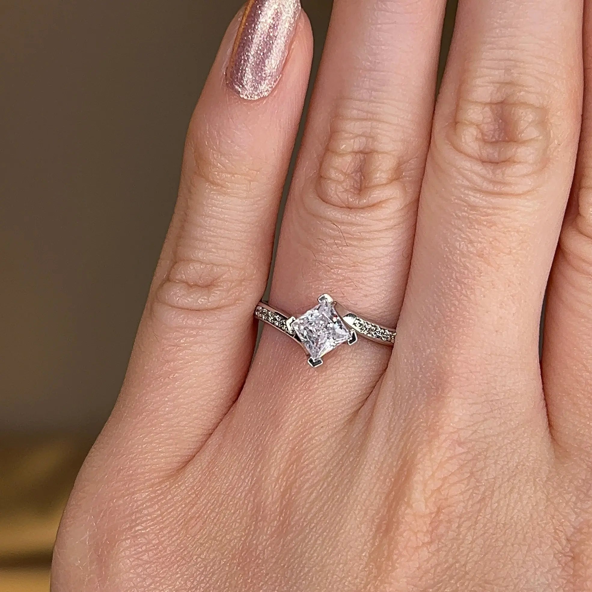 "Iris" Twisted Princess Cut Diamond Grain Set Diamond Engagement Ring ...