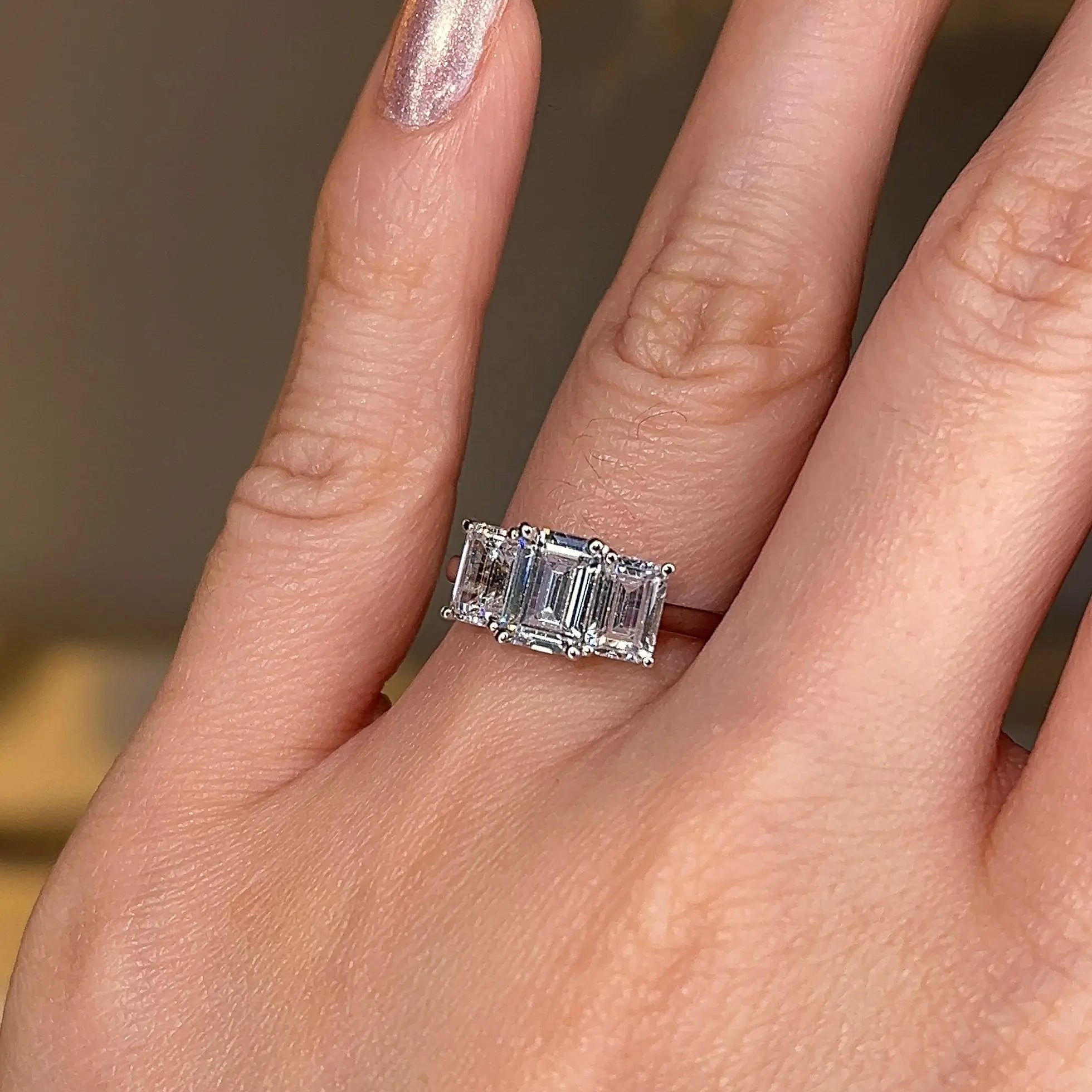 "Pippa" 1 Carat Three Stone Emerald Cut Diamond Trilogy Engagement Rin ...
